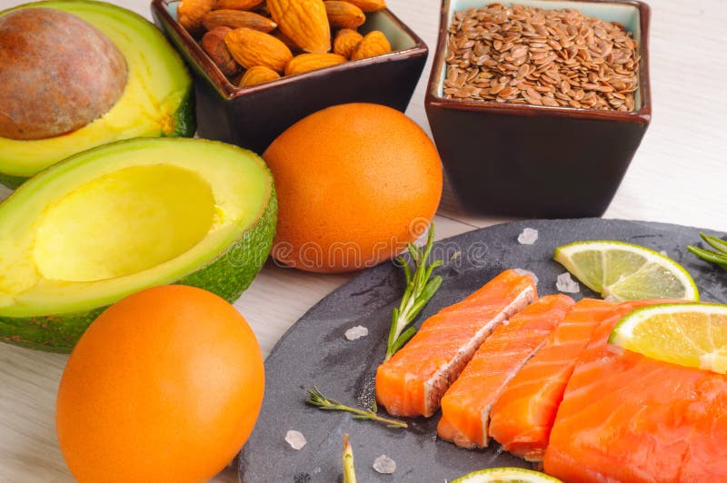 Omega 3 Sources - Fish, Avocado, Nuts, Linen Seeds, Egg Stock Image ...