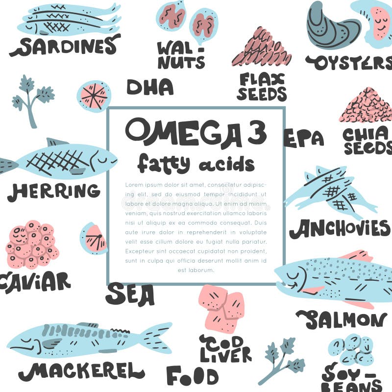 Omega 3 sources vector set stock illustration. Illustration of fatty ...