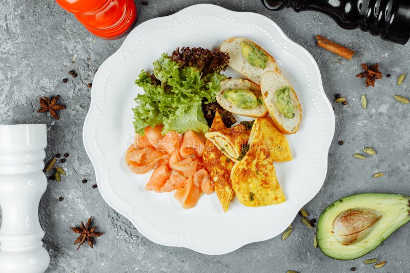 Omelet with Red Fish and Vegetables, Beautiful Serving Stock Image ...