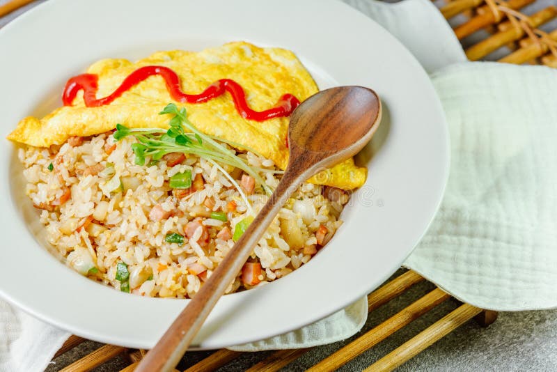 Omelet Rice Dish Served on a White Plate Stock Image - Image of ...