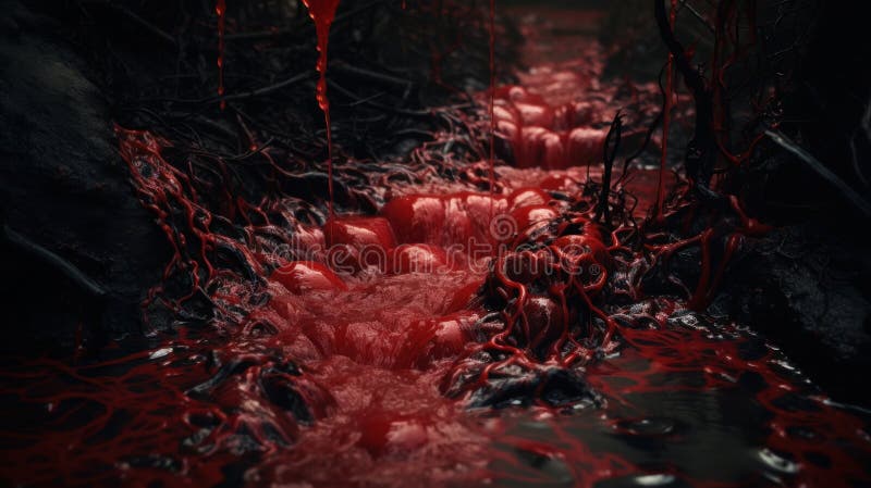 Ominous Dark Red Liquid Flowing through Narrow Passage Creating Twisted ...