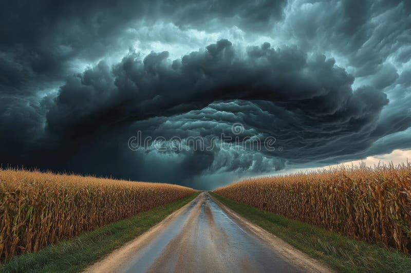 Dramatic and Ominous Storm Clouds Gather Over Lush Cornfields and a ...