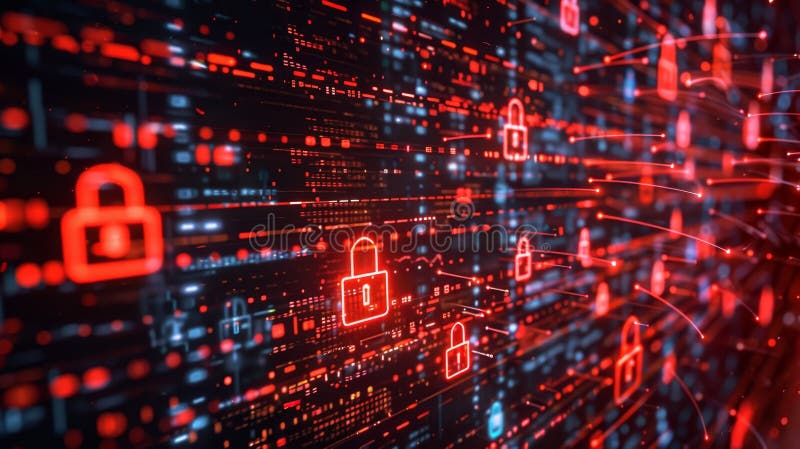 Ominous Red Data Breach Symbols Flash on a Virtual Screen with Code on ...