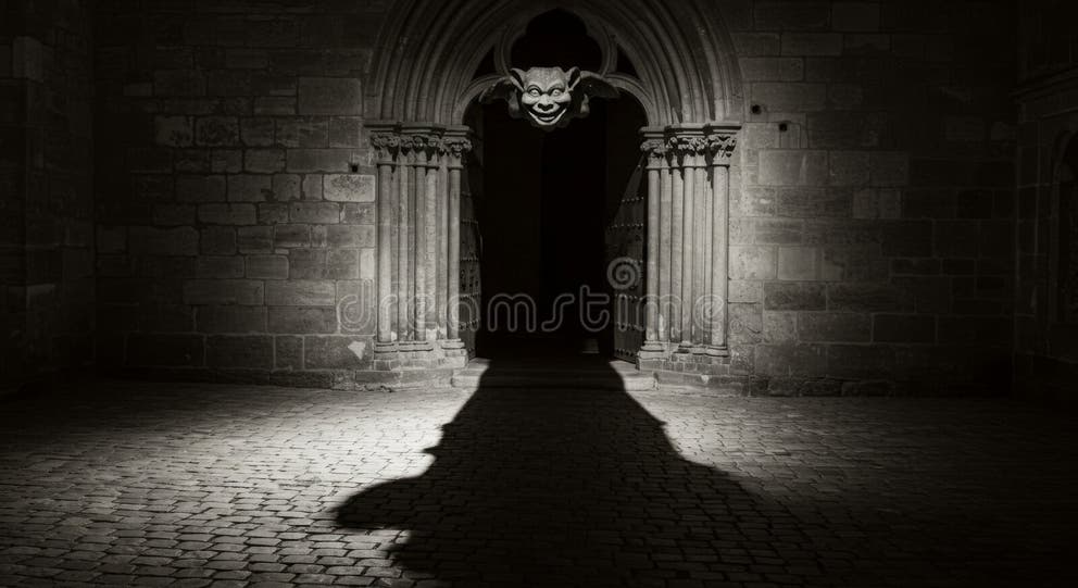 Ominous Shadow at Gothic Archway at Night Stock Illustration ...