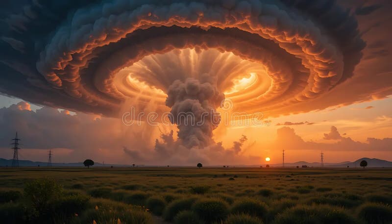 Ominous Storm Cloud Formation Over a Field at Sunset with Power Lines ...