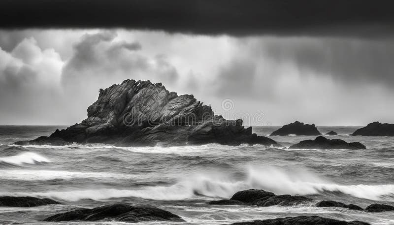 Ominous Storm Cloud Looms Over Rough Cliff and Crashing Waves Generated ...