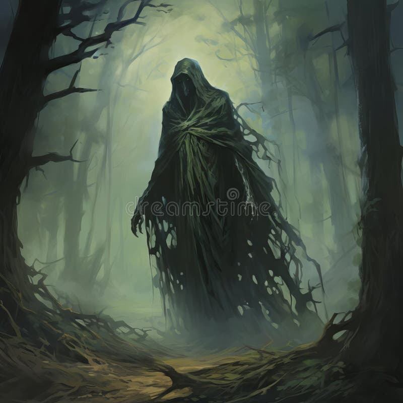 Ominous Wraith Lurking in a Haunted Forest Landscape Stock Illustration ...