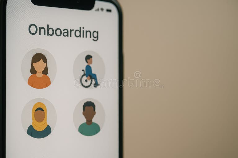 Onboarding App Interface with Diverse User Avatars on Smartphone Screen ...
