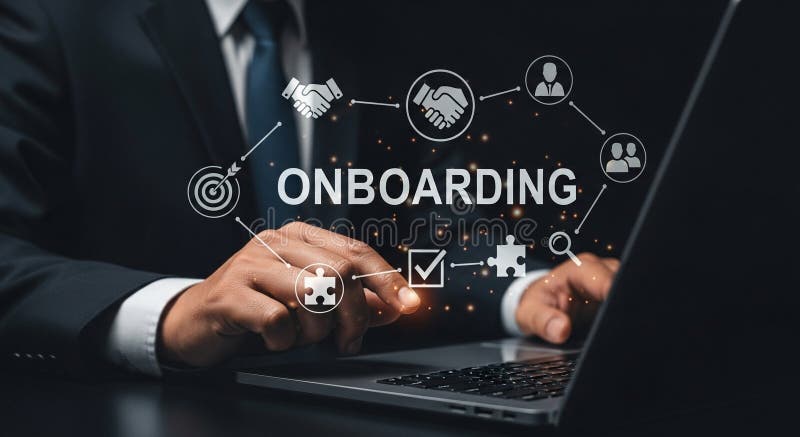 Onboarding Process Shown with a Man Using a Laptop and Connected Icons ...