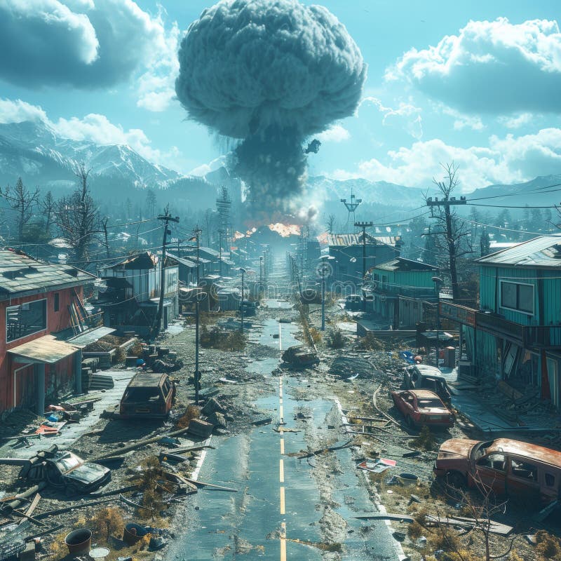 Desolate Town after a Nuclear Explosion in a Post-apocalyptic Landscape ...