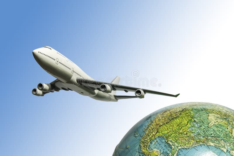 One Airplane Fly Over the Earth Isolated on Blue Background Stock Photo ...