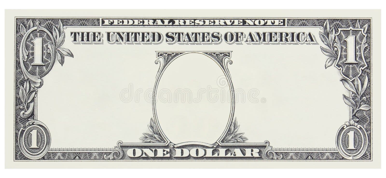 One Dollar Bill Front Empty No Face Frame for Design Isolated on White ...