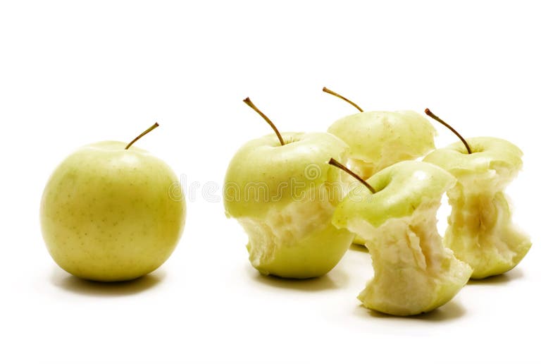 One Apple Vs Four Apple Cores Stock Photo - Image of looking, green ...
