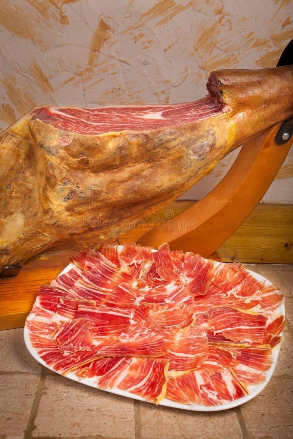 Leg and Plate of Spanish Jamon Iberico Stock Image - Image of gourmet ...