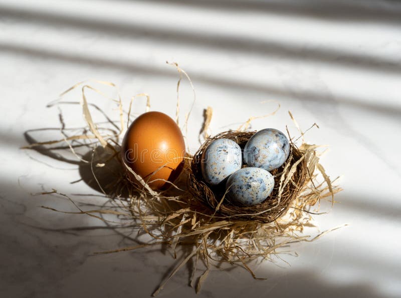 One Big Easter Egg with Three Small Blue Eggs in the Nest, Beautiful ...