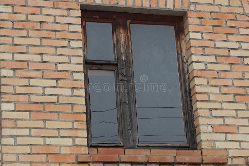 One Big Wooden Old Window on Brown Brick Wall Stock Photo - Image of ...