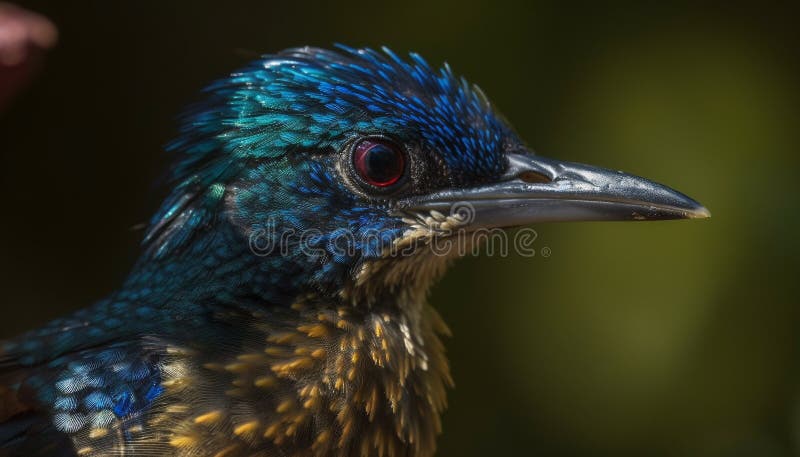 One Bird Perching on Branch, Shiny Blue and Green Feathers Generated by ...
