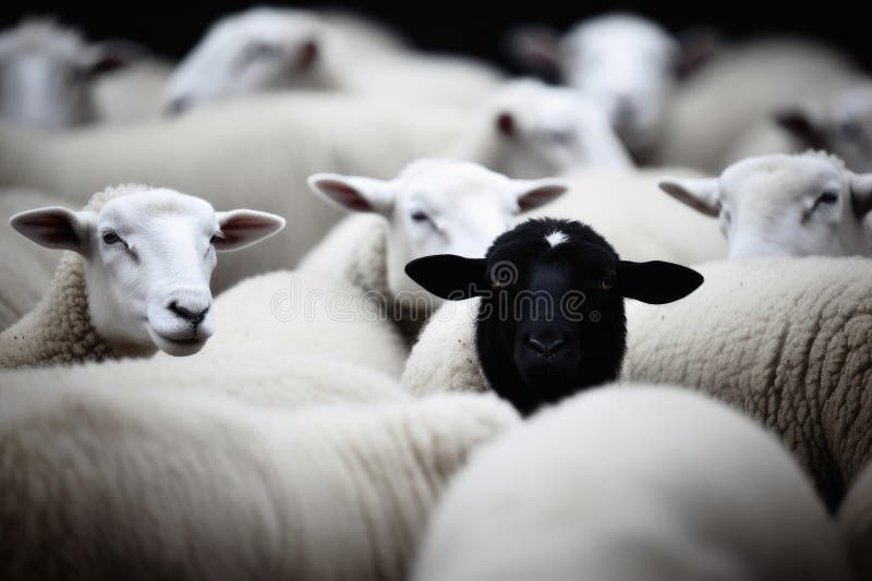 One Black Sheep in a Herd of White Sheep Stock Illustration ...