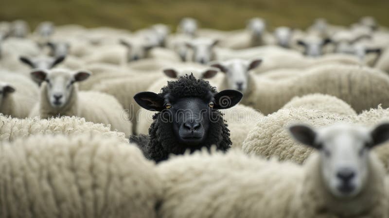 One Black Sheep in a Herd of White Sheep Stock Image - Image of shine ...
