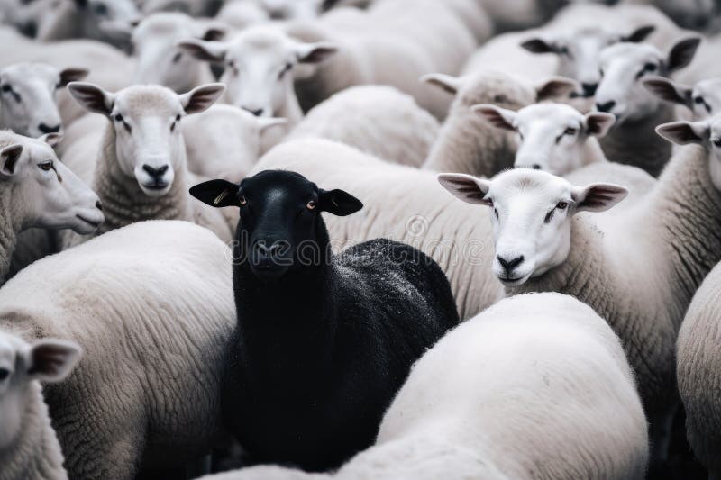 One Black Sheep in a Herd of White Sheep Stock Illustration ...
