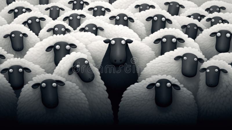 One Black Sheep between Many White Sheeps AI Generated Stock ...