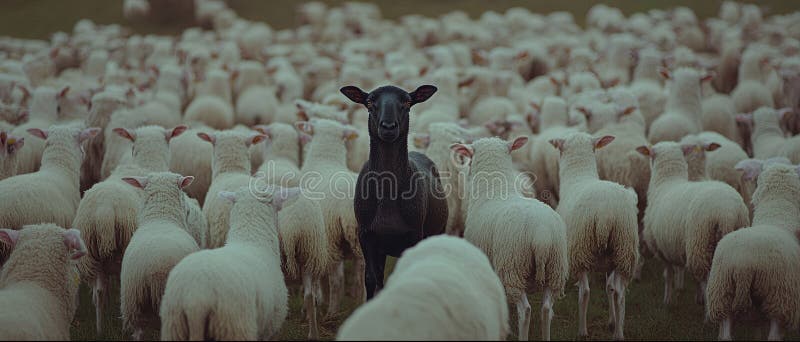 One Black Sheep Standing Out Amongst a Crowd of White Sheep in a Field ...