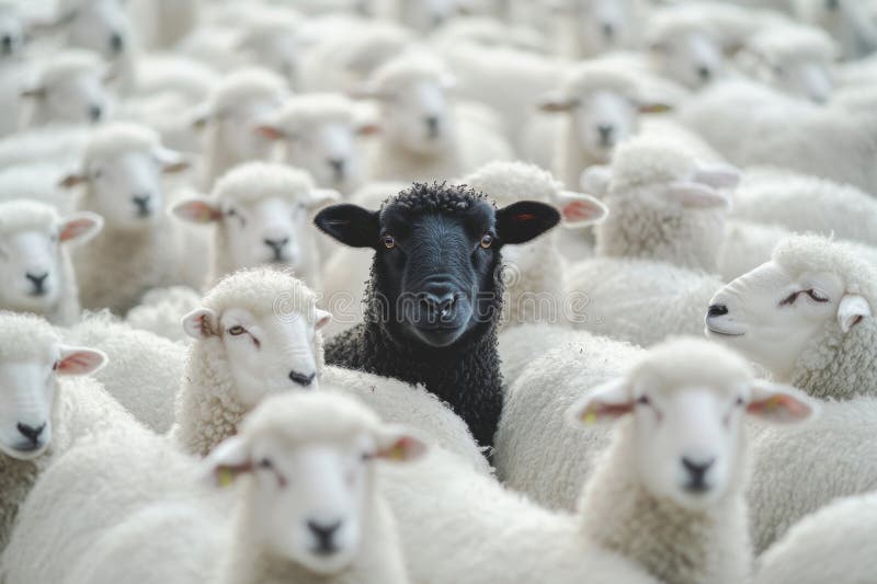 One Black Sheep Stands Out Amongst a Large Flock of White Sheep ...