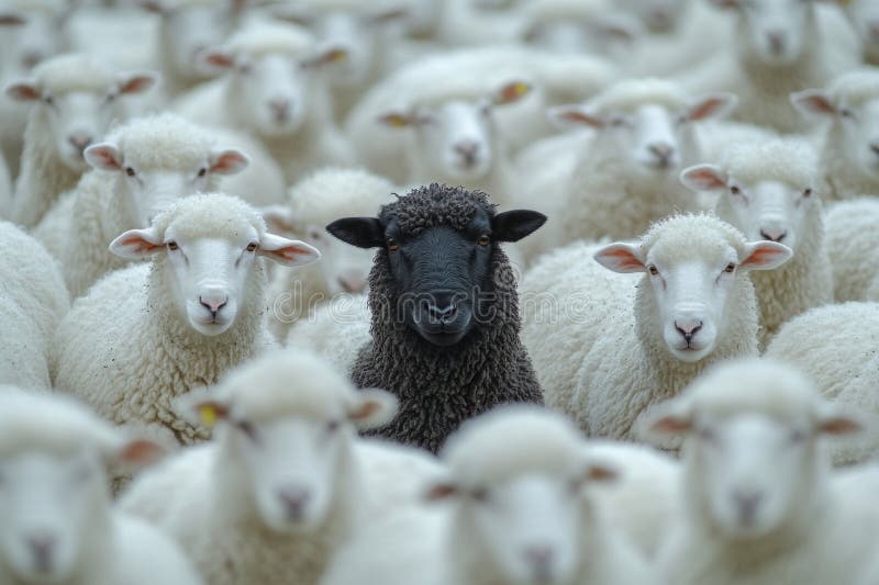 One Black Sheep Stands Out among Many White Sheep, Representing ...
