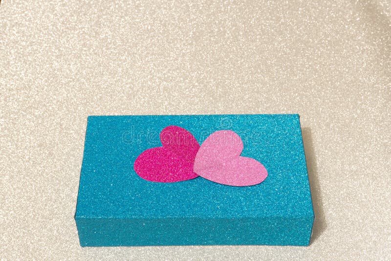 One Blue Box Decorated with Hearts on Silver Background. Conceptual ...