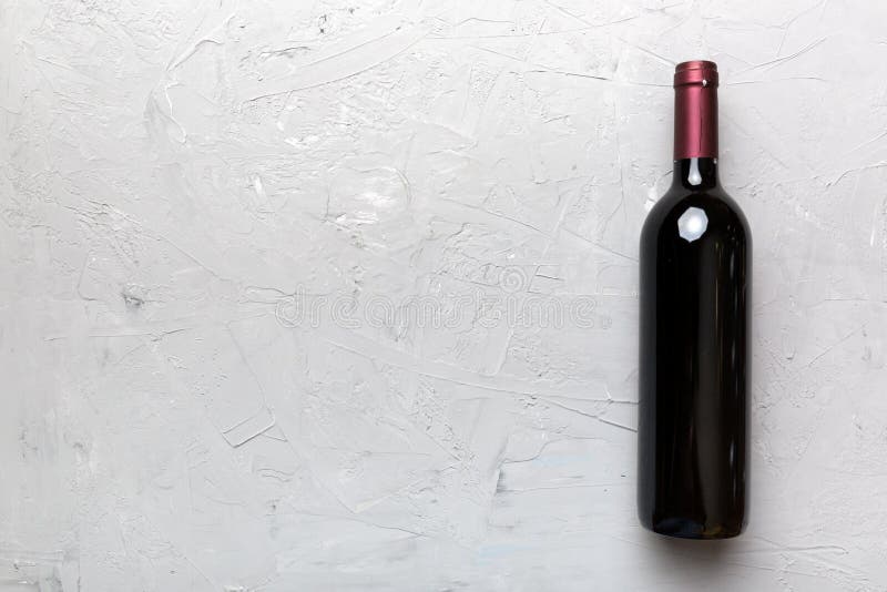 One Bottle of Red Wine on Colored Table. Flat Lay, Top View Wth Copy ...