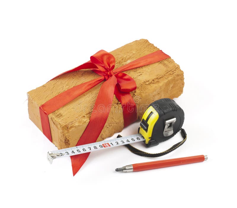 One Brick, a Ruler, a Pencil a White Background. Stock Image - Image of ...