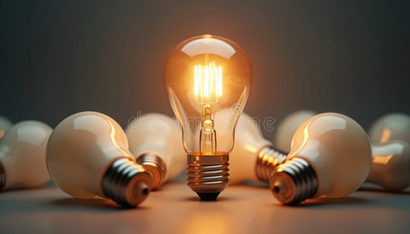 One Bright Lightbulb Stands among Unlit Bulbs, Idea, Innovation ...