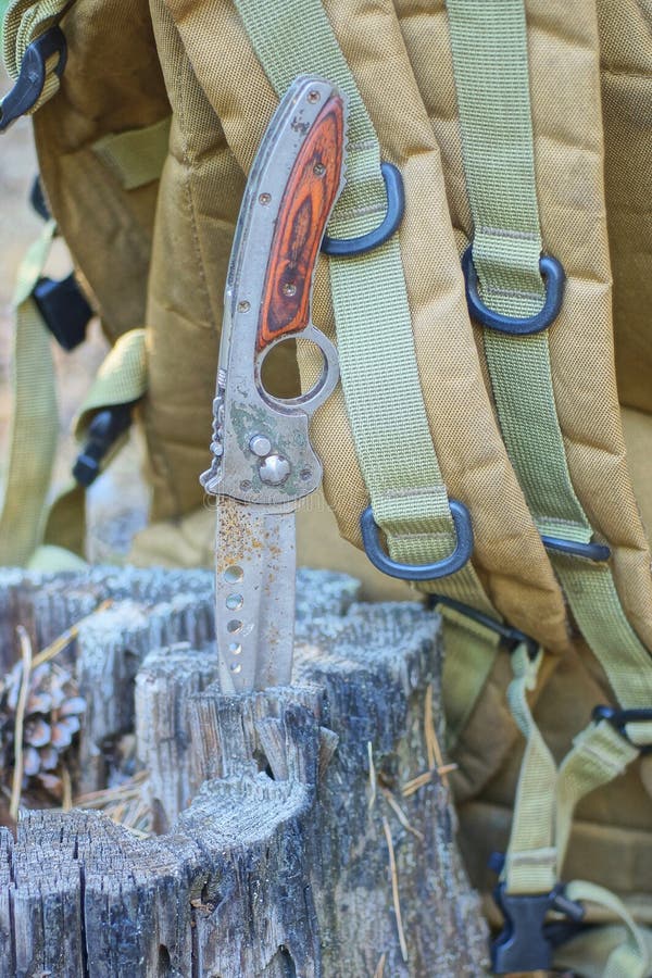 One Brown Army Backpack Folding Knife Stock Photos - Free & Royalty ...