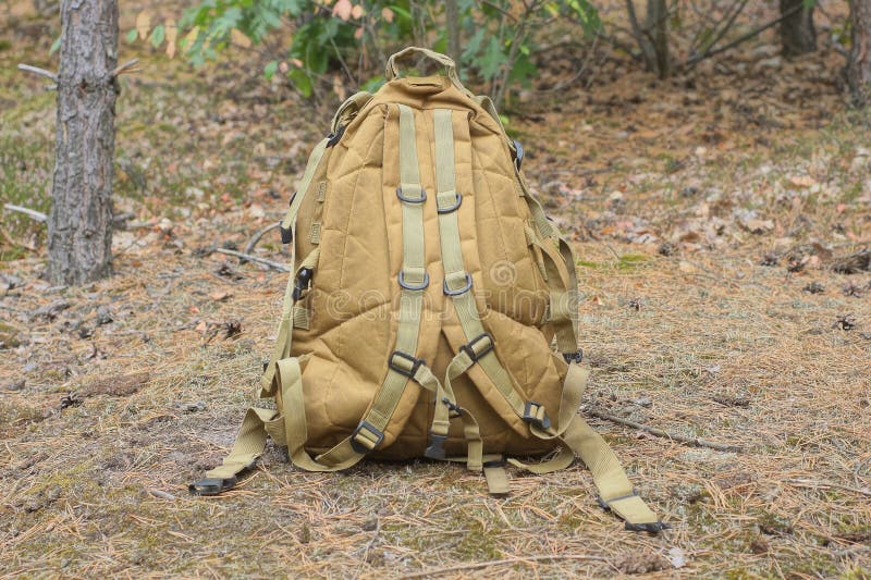 One Brown Army Backpack Standing on a Earth Stock Photo - Image of ...