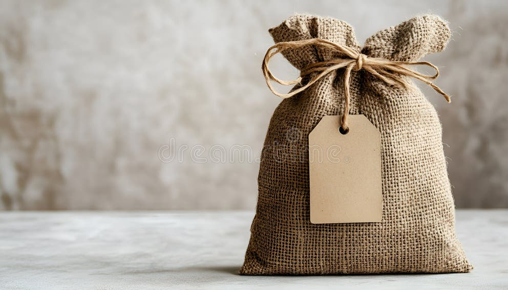 One Burlap Bag with Tag on Light Background Stock Photo - Image of ...