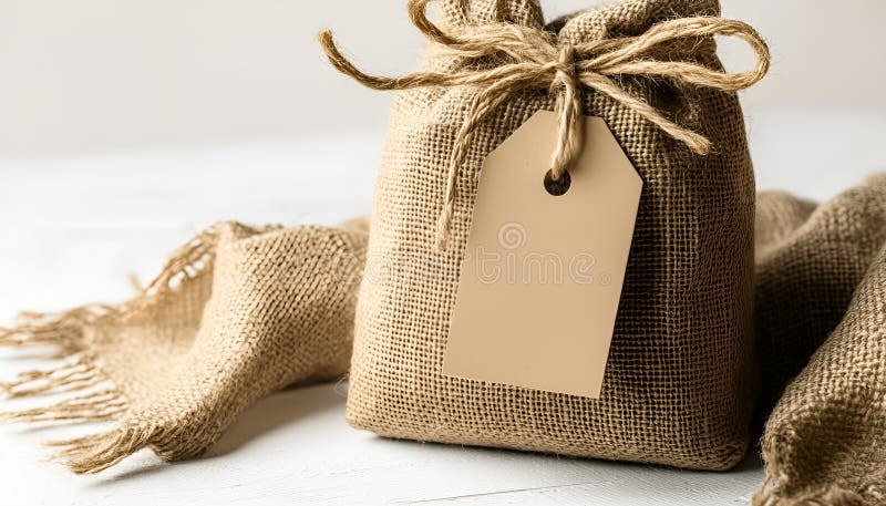 One Burlap Bag with Tag on Light Background Stock Photo - Image of ...