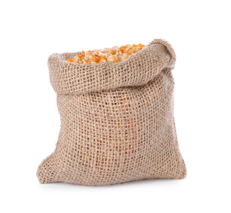 One Burlap Sack with Corn Kernels Isolated on White Stock Photo - Image ...