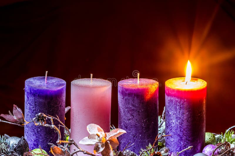 First Advent Candles Burning on Black Background Stock Image - Image of ...