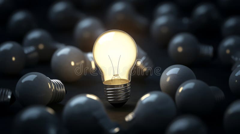 One Burning Light Bulb among Burnt Out Ones. New Improved Concept Stock ...