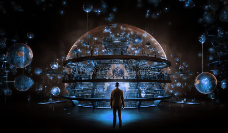 One Business Man Standing Up Back in Front of a Huge Abstract Knowledge ...