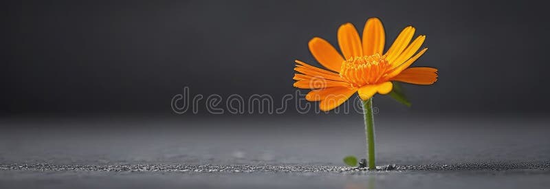 One Calendula Flower Grows Out of Concrete on a Gray Background.. Copy ...