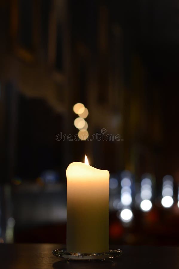 One Candle at Night with Light Reflections Stock Image - Image of ...