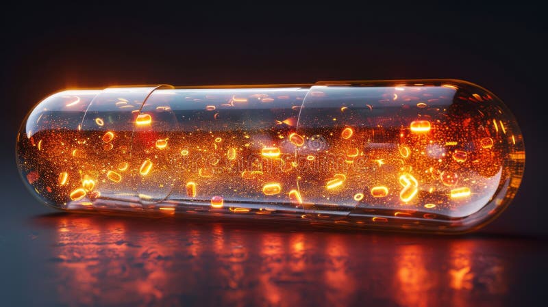 One Capsule in a Transparent Shell with Vitamin Granules Inside on the ...