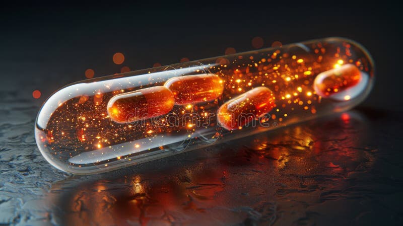 One Capsule in a Transparent Shell with Vitamin Granules Inside on the ...