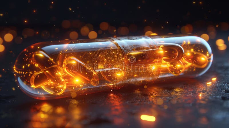 One Capsule in a Transparent Shell with Vitamin Granules Inside on the ...