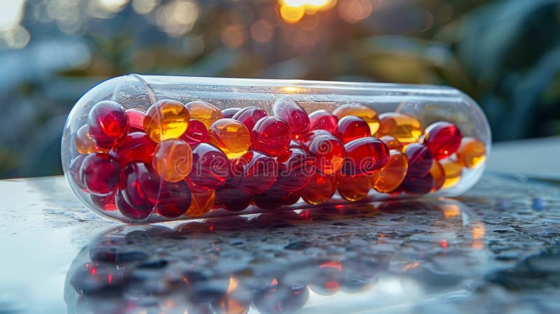 One Capsule in a Transparent Shell with Vitamin Granules Inside on the ...