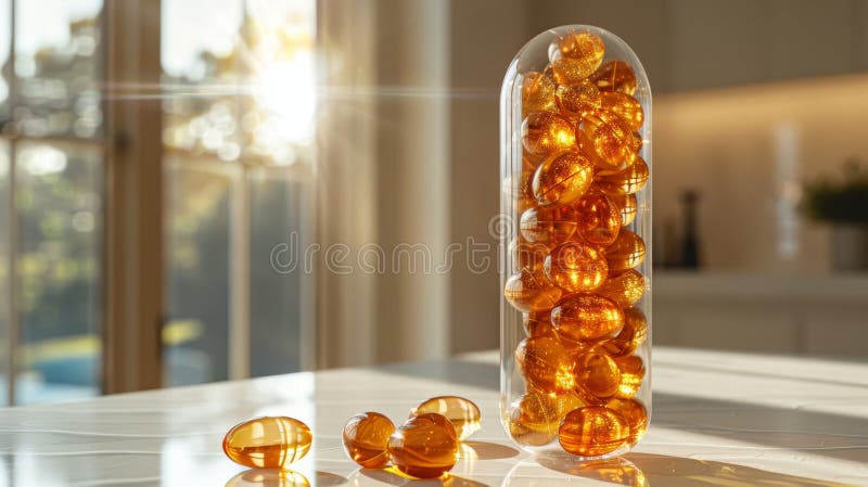 One Capsule in a Transparent Shell with Vitamin Granules Inside on the ...