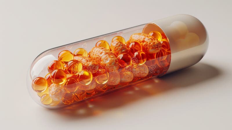 One Capsule in a Transparent Shell with Vitamin Granules Inside on the ...