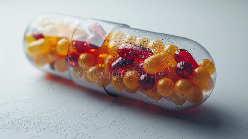 One Capsule in a Transparent Shell with Vitamin Granules Inside on the ...