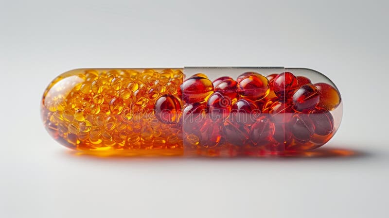 One Capsule in a Transparent Shell with Vitamin Granules Inside on the ...
